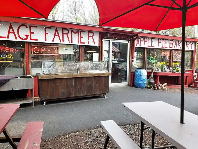 The red exterior of Village Farmer and Bakery stands like a beacon of comfort food hope along the scenic Delaware Water Gap roadside.