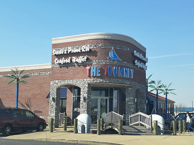 The Journey's distinctive curved brick exterior with nautical touches promises a culinary adventure before you even step inside. Those decorative palm trees aren't lying&mdash;something special awaits.