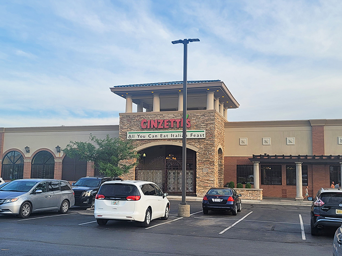 The stone facade of Cinzetti's stands like a Tuscan embassy in suburban Kansas, promising culinary diplomacy between Italy and the Midwest.