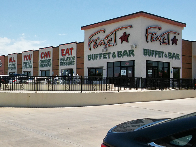 The Promised Land of buffets beckons from the roadside, with Feast's distinctive exterior proudly announcing its multi-cultural culinary mission to hungry Oklahomans.