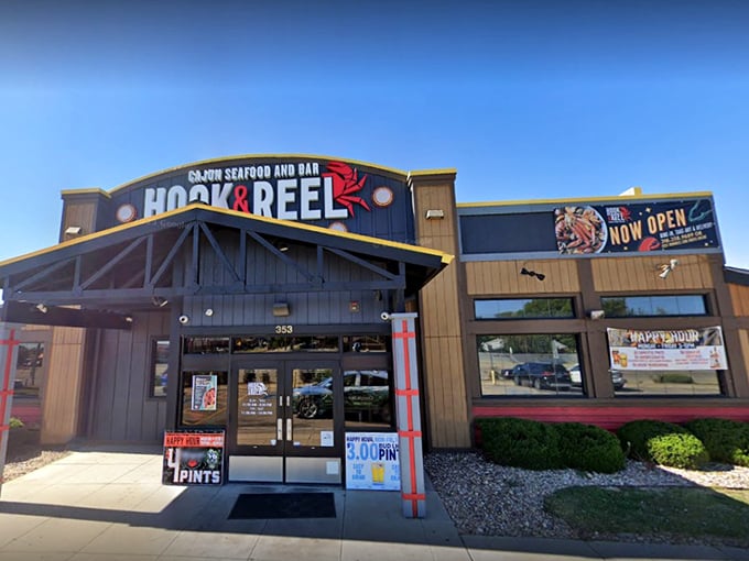 The nautical-themed exterior of Hook & Reel stands like a beacon of seafood hope in landlocked Kansas, promising oceanic treasures within. 