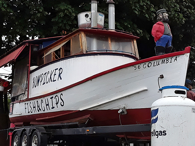 The iconic Bowpicker boat sits proudly on land, a retired fishing vessel now serving up treasures of a different kind. The nautical-to-culinary career change we all secretly admire. 