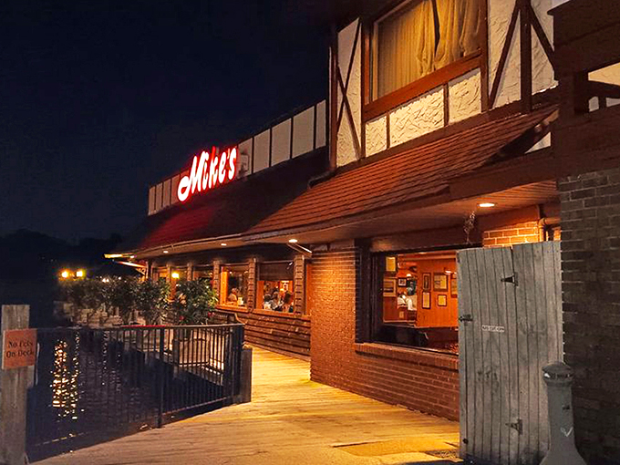Waterfront dining doesn't get more literal than this&mdash;Mike's iconic red sign beckons hungry seafood lovers like a lighthouse for the famished.