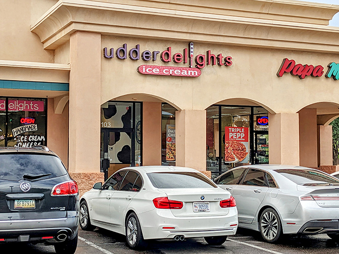 Udder Delights nestles between neighboring shops in this Gilbert strip mall—proof that extraordinary ice cream experiences often hide in ordinary places.