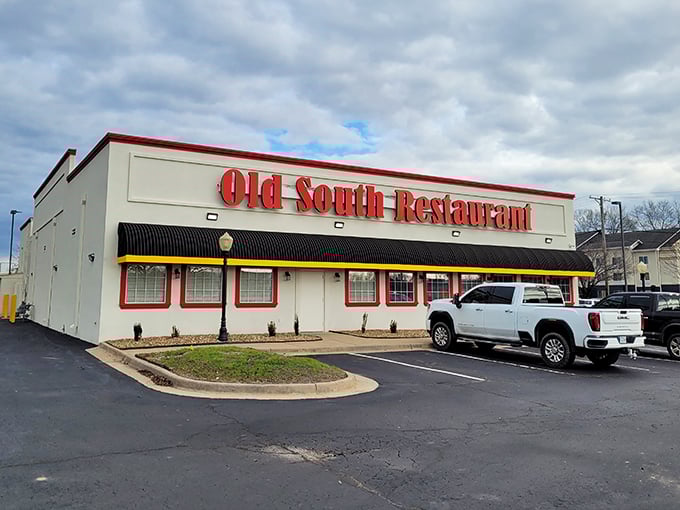 The crimson facade of Old South Restaurant stands like a beacon of comfort food in Russellville, promising Southern hospitality before you even step inside.