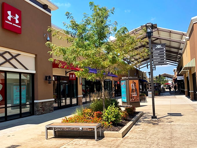 The modern, spacious walkways of Outlets of Little Rock invite shoppers to stroll comfortably between bargain havens like GAP Factory Store.