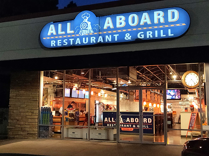The blue locomotive sign beckons hungry travelers like a friendly conductor. All Aboard's unassuming strip mall location hides a culinary journey worth taking.