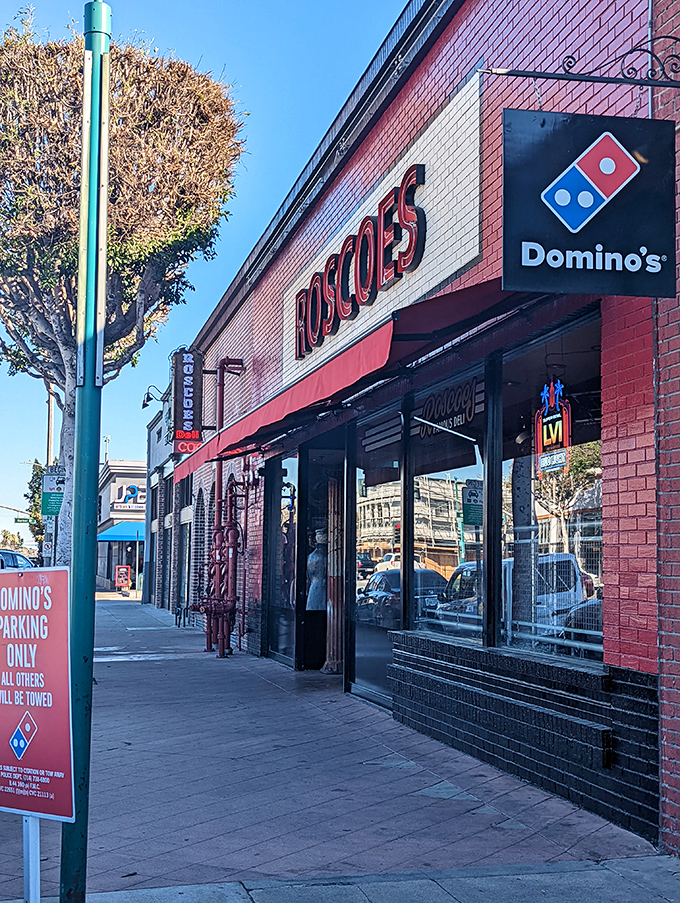 The red brick exterior of Roscoe's isn't just a building&mdash;it's a beacon for sandwich lovers. Those patio umbrellas promise shade, but the real protection you'll need is for your shirt.