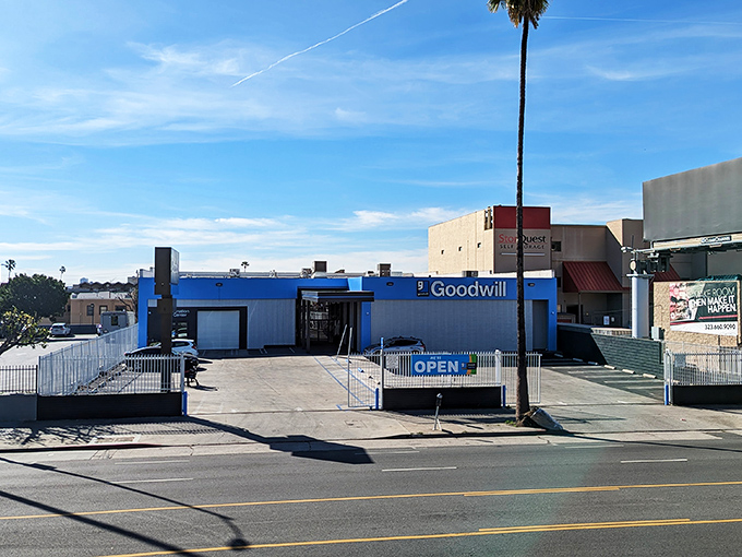 The iconic blue facade of Goodwill on Sunset Boulevard stands like a beacon for treasure hunters. Hollywood's best-kept secret hides in plain sight.