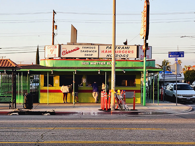 The iconic green exterior of Chronis Famous Sandwich Shop stands as a beacon of hope for hungry travelers on Whittier Boulevard. No fancy frills, just honest food promises.