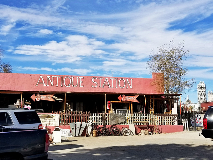 The desert sky creates a perfect backdrop for Antique Station's vibrant red fa&ccedil;ade. Route 66 charm doesn't get more authentic than this roadside treasure trove.