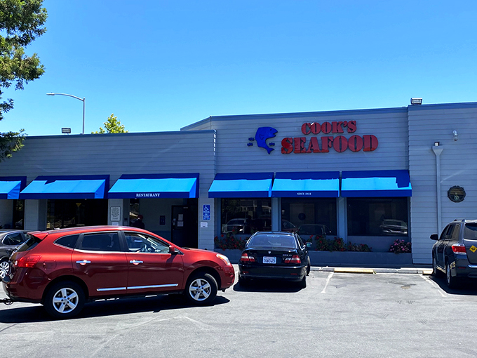 The unassuming blue-awninged exterior of Cook's Seafood stands as a beacon to seafood lovers, proving that culinary treasures often hide in plain sight.