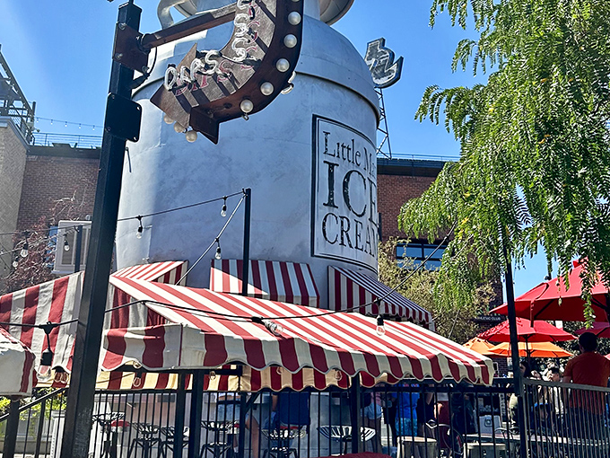 The iconic 28-foot milk can stands proudly against Colorado's blue sky, a beacon of sweetness in Denver's LoHi neighborhood. Ice cream architecture at its finest!
