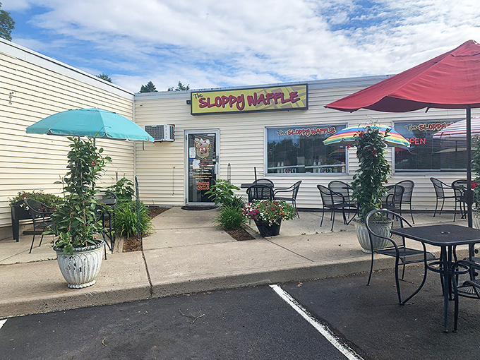 The unassuming exterior of The Sloppy Waffle shares space with The Angry Chair Salon&mdash;a pairing that somehow makes perfect sense in Connecticut's charming landscape.