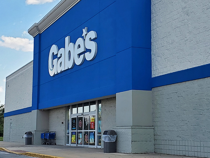 The iconic blue Gabe's sign beckons like a lighthouse for bargain hunters. No fancy frills, just the promise of deals that'll make your wallet sigh with relief.