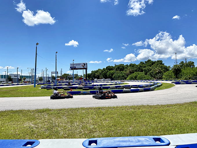 The thrill of the chase! Pro Karting Experience's outdoor track combines Florida sunshine with the perfect blend of straightaways and challenging turns.