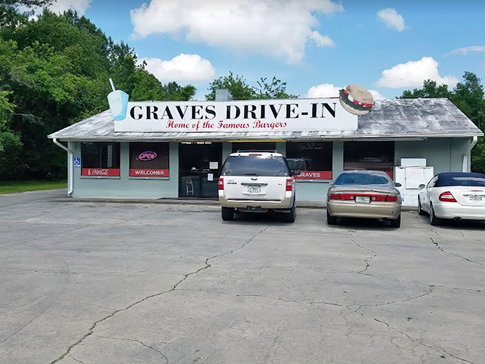 The blue sign says it all: "Perry's World Famous Burgers!" Not just a claim&mdash;it's a promise that's been deliciously kept since 1949.