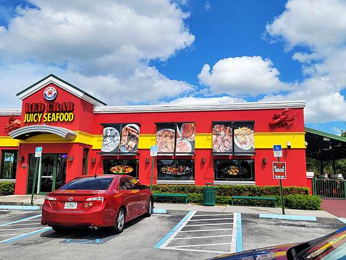 The vibrant red exterior isn't subtle, but neither is the flavor explosion waiting inside. Like a seafood siren calling you home.