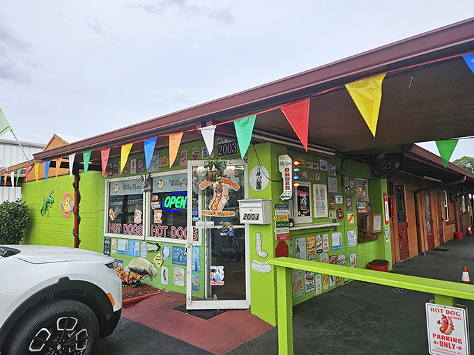 The lime-green beacon of Willy-Yums stands out like a culinary lighthouse, complete with festive pennant flags and enough "HOT DOG" signs to leave zero doubt about what's cooking inside.