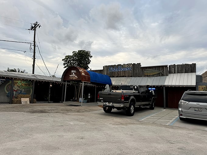 The weathered wooden exterior and giant fish sculpture aren't trying to impress you&mdash;they're saving all that energy for what's on your plate.