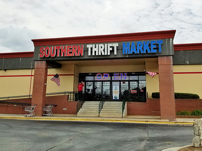 The bright yellow exterior with bold red-white-blue signage promises treasure hunting adventures inside&mdash;like a theme park for the bargain-obsessed.