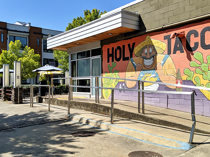 The colorful mural outside Holy Taco isn't just wall decoration&mdash;it's a promise of the flavor fiesta waiting inside this East Atlanta Village gem.