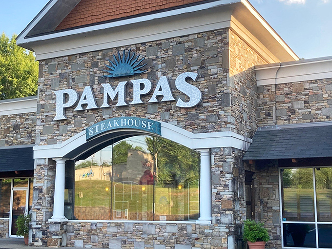 The stone facade of Pampas stands like a carnivore's cathedral in Johns Creek, promising meaty salvation within those unassuming walls.