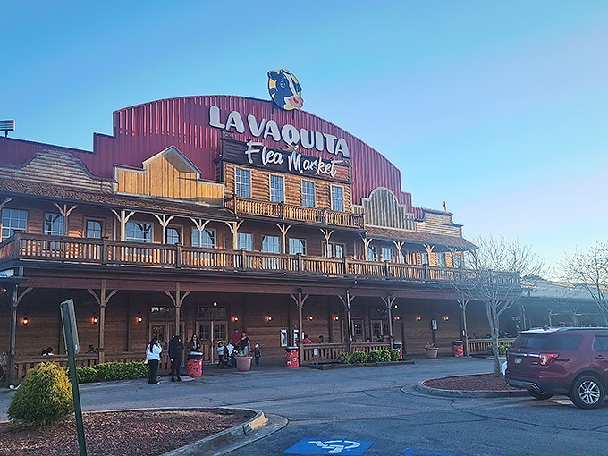 Like a Western film set with a bovine twist, La Vaquita's striking red facade welcomes treasure hunters with rustic charm and the promise of discoveries waiting inside.