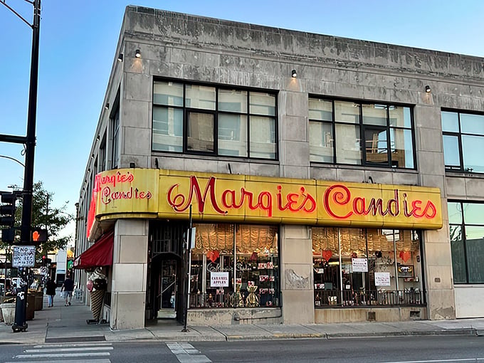 That iconic yellow and red sign beckons like a lighthouse for sweet-toothed sailors navigating the urban seas of Chicago's neighborhoods.