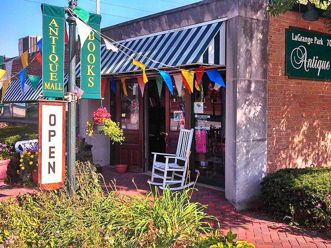 A treasure hunter's first glimpse of paradise. The brick storefront with its vibrant garden welcomes visitors like a time portal disguised as a neighborhood shop.