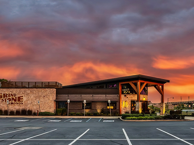Sunset at Grindstone isn't just a time of day&mdash;it's a spectacle. The stone fa&ccedil;ade and timber beams glow like they're auditioning for a Hoosier postcard.