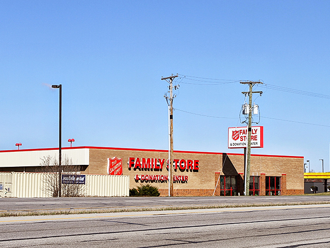 The iconic red signage of this Salvation Army Family Store beckons bargain hunters like a retail lighthouse guiding ships to treasure-filled shores.