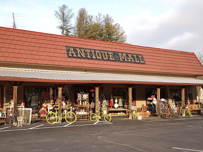 The red-roofed time capsule beckons with its colorful bicycle sentries standing guard. Like a portal to the past, Brown County Antique Mall promises treasures beyond that unassuming facade.