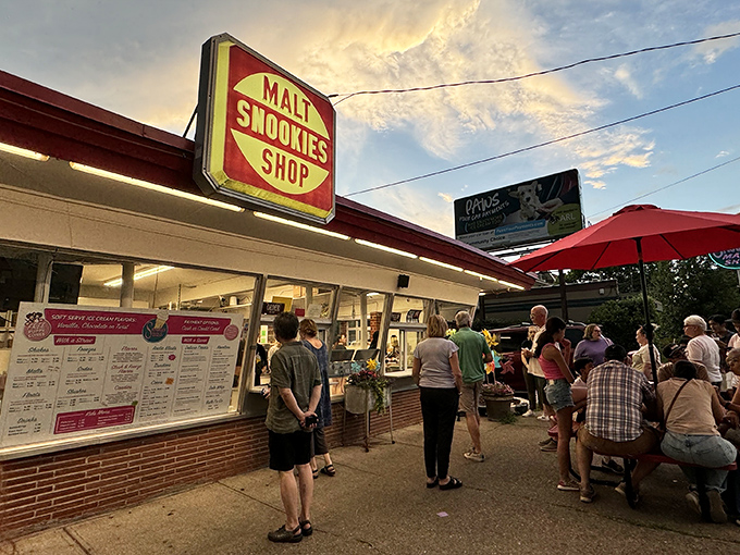 The iconic red and white Snookies sign stands like a beacon of frozen delight, promising sweet relief from Iowa summer heat. 