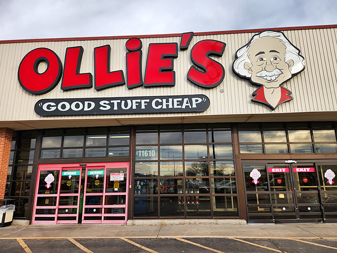 The iconic Ollie's storefront promises "Good Stuff Cheap" beneath that cartoon mascot grin – retail therapy's most honest advertising campaign.
