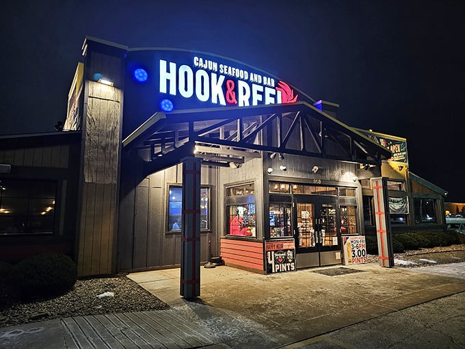 The nautical-themed exterior of Hook & Reel stands like a beacon of seafood hope in landlocked Kansas, promising oceanic treasures within. 