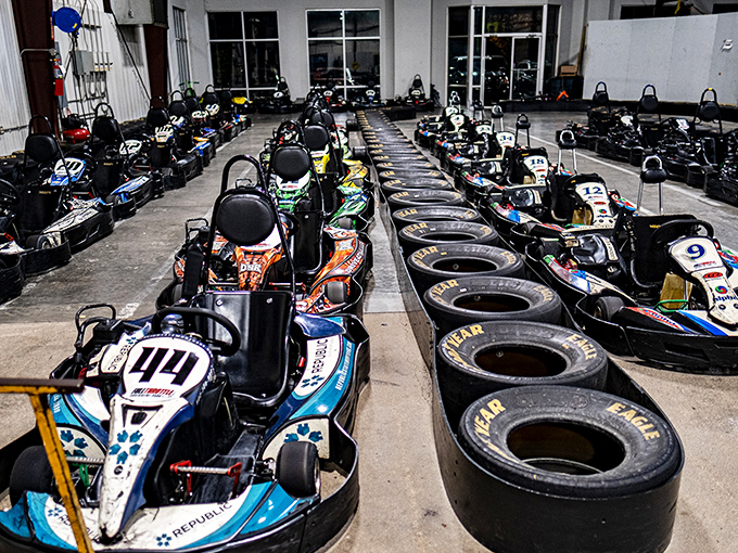 The starting grid at Full Throttle looks like NASCAR for the vertically challenged. Ready-to-race karts await their next speed demons.