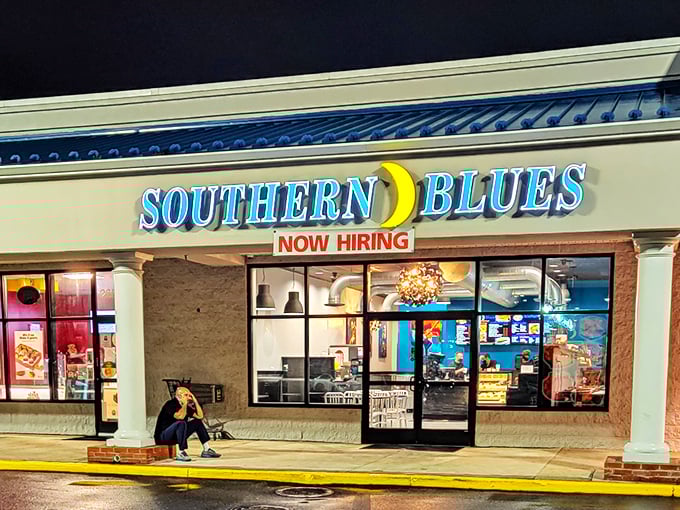 The bright blue sign with its cheerful yellow moon beckons like a lighthouse for the hungry soul. Southern comfort awaits inside.
