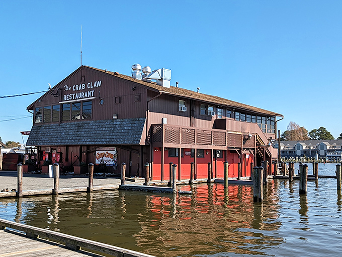 The iconic red exterior of The Crab Claw stands like a beacon for seafood lovers, perched on stilts above the water as if to say, "Come hungry, leave happy."