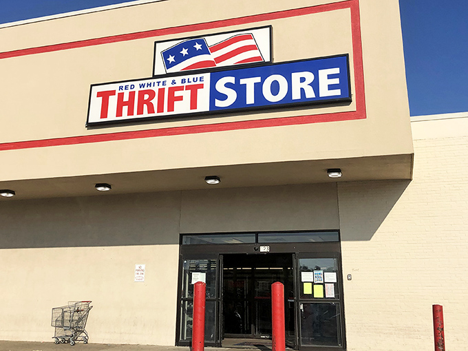 The unassuming exterior of Red White & Blue Thrift Store&mdash;like finding a treasure chest disguised as an ordinary box. Adventure awaits behind those doors!