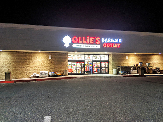 The mothership of markdown magic beckons! Ollie's cartoon mascot grins down at bargain hunters, promising treasures within those unassuming brick walls.