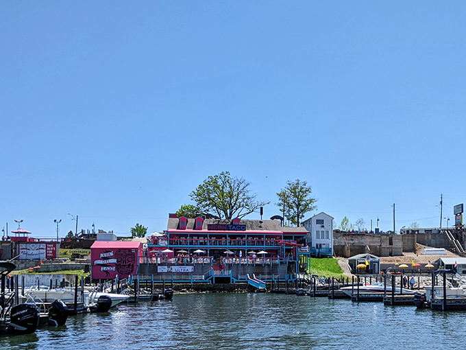 The neon dream beckons from the shoreline, a pink and turquoise beacon promising coastal flavors in the heart of Missouri's lake country.
