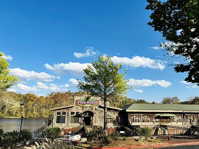 The rustic wooden exterior of White River Fish House beckons like a fisherman's tale come to life, complete with colorful fish sculptures that practically wink at you.