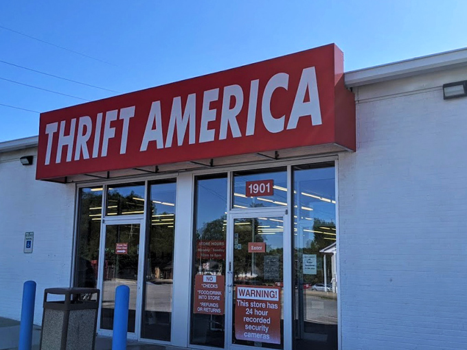 The iconic red signage of Thrift America beckons bargain hunters like a lighthouse for the frugally fashionable. This Omaha landmark promises treasures within.