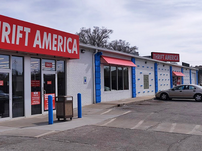 The iconic red signage of Thrift America beckons bargain hunters like a lighthouse for the frugally fashionable. This Omaha landmark promises treasures within.