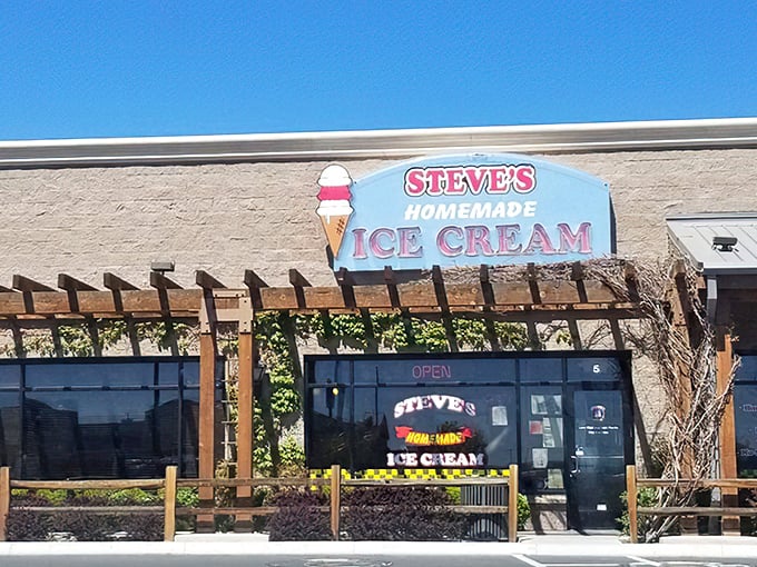 Steve's welcoming storefront beckons like an oasis in the Nevada heat, complete with that charming wooden pergola that practically whispers, "Cool treats ahead!"