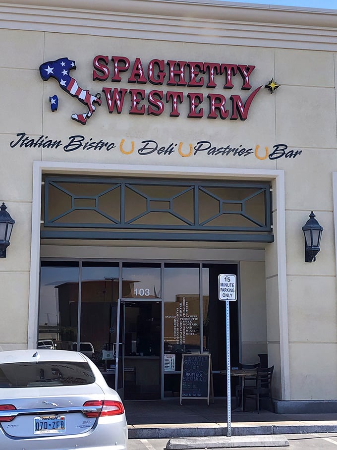 The clever pun hits you first: Spaghetty Western, where Italian cuisine meets cowboy charm in a Vegas strip mall that defies the odds.