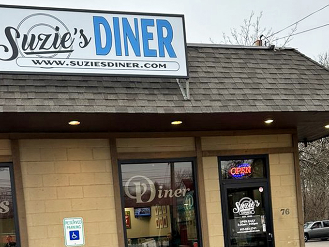 The unassuming blue exterior of Suzie's Diner hides a breakfast paradise within. Like finding a winning lottery ticket in your winter coat pocket.