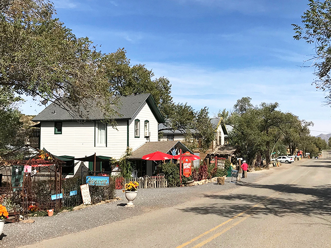 Madrid's main street welcomes you with colorful storefronts and that unmistakable small-town charm. Like stepping into a Wes Anderson film set in the high desert.