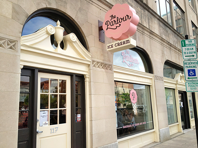The historic storefront of The Parlour beckons with its elegant arches and charming pink logo&mdash;Durham's equivalent of finding Willy Wonka's golden ticket.